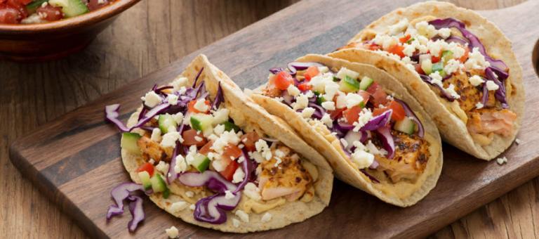 Moroccan Spiced Fish Tacos with Mediterranean Salad • La Tortilla Factory